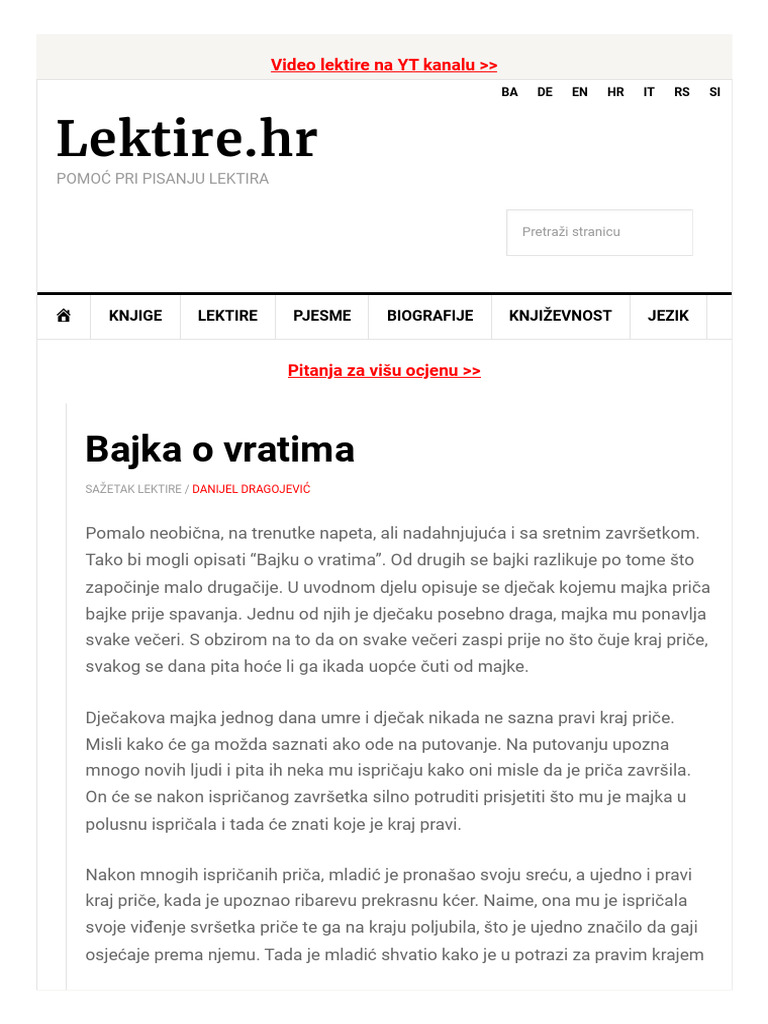 Bajka o Vratima Lektira, Danijel Dragojević - Lektire - HR | PDF