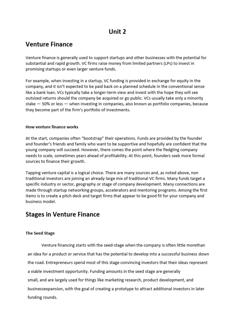 Unit 2 Venture Finance | PDF | Venture Capital | Corporate Finance