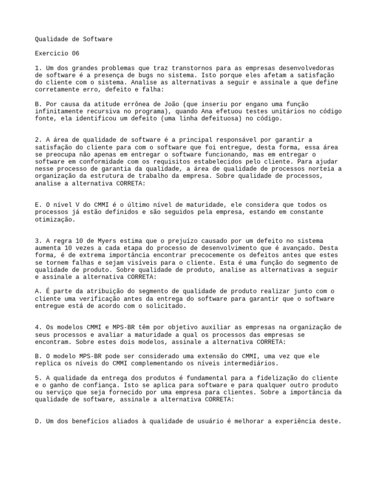 Qualidade de Software - Exercicio | PDF | Qualidade (negócios) | Qualidade de Software