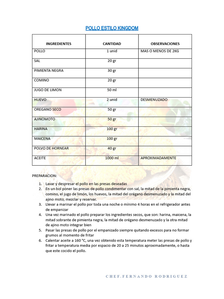 Receta de Pollo Estilo Kingdom | PDF
