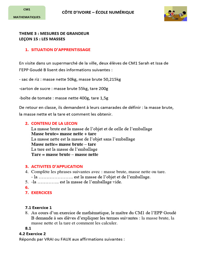 Masse Brute, Nette et Tare : Guide CM1 | PDF | Kilogramme | Masse