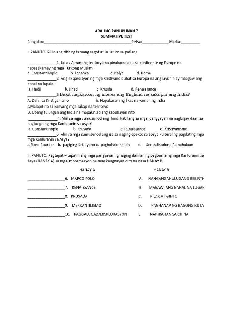 AP7-Q3-SummativeTest-Week 1 | PDF