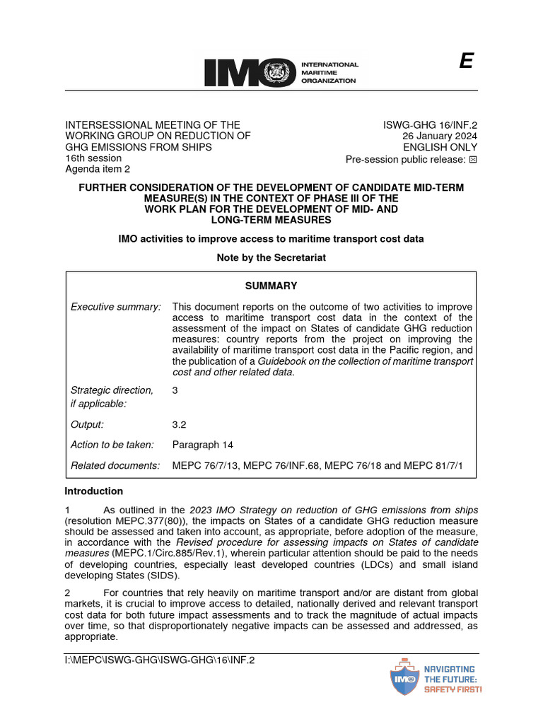 ISWG-GHG 16-INF.2 - IMO Activities To Improve Access To Maritime Transport Cost Data ...