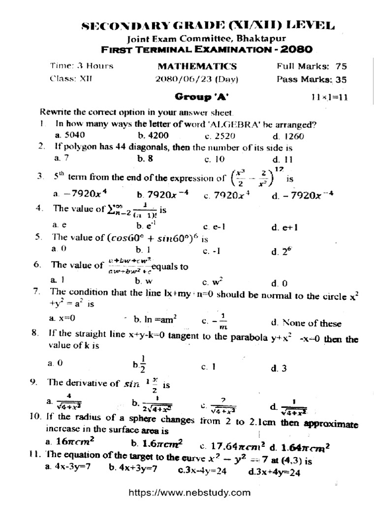 Class 12 First Term Mathematics 301123 2024 | PDF