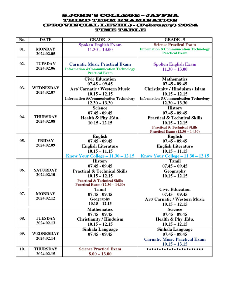 Third Term Exam Timetable 2024 | PDF