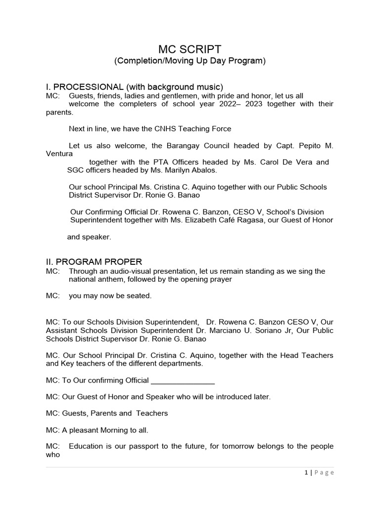 Moving Up Day Ceremony Script 2023 | PDF