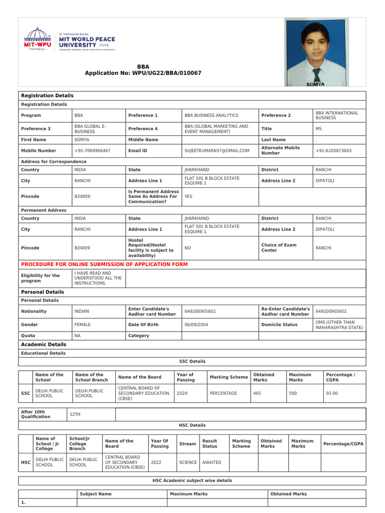 BBA Application No: WPU/UG22/BBA/010067: Registration Details | Download Free PDF | Educational ...