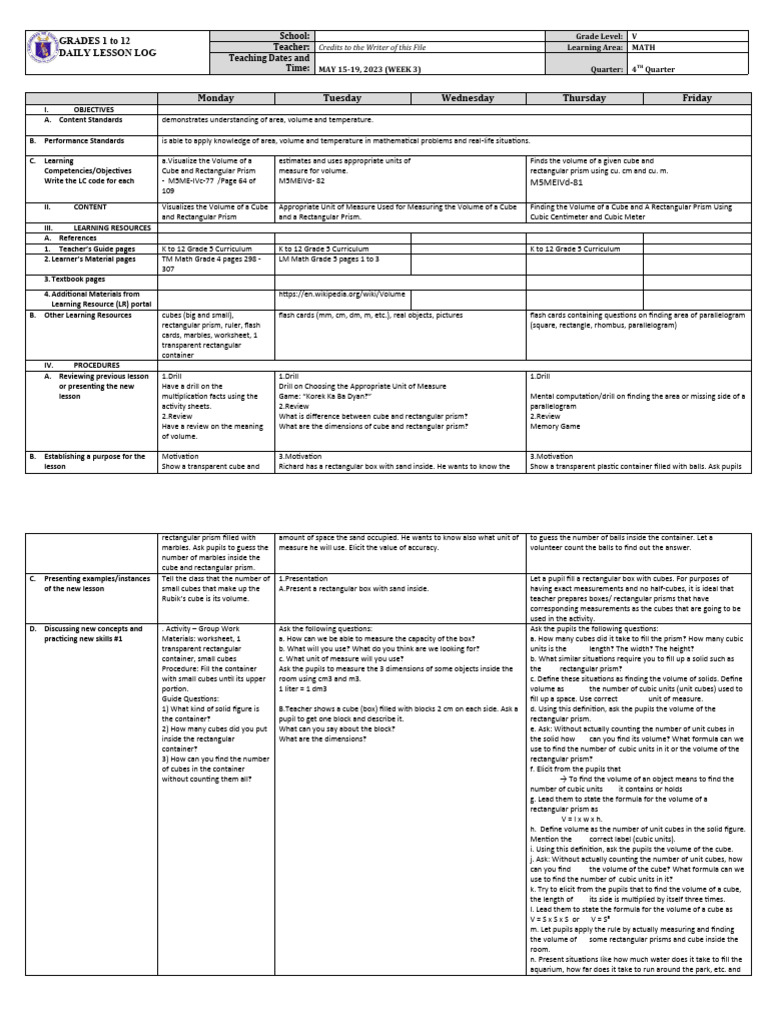 Grade 5 DLL MATH 5 Q4 Week 3 | PDF | Volume