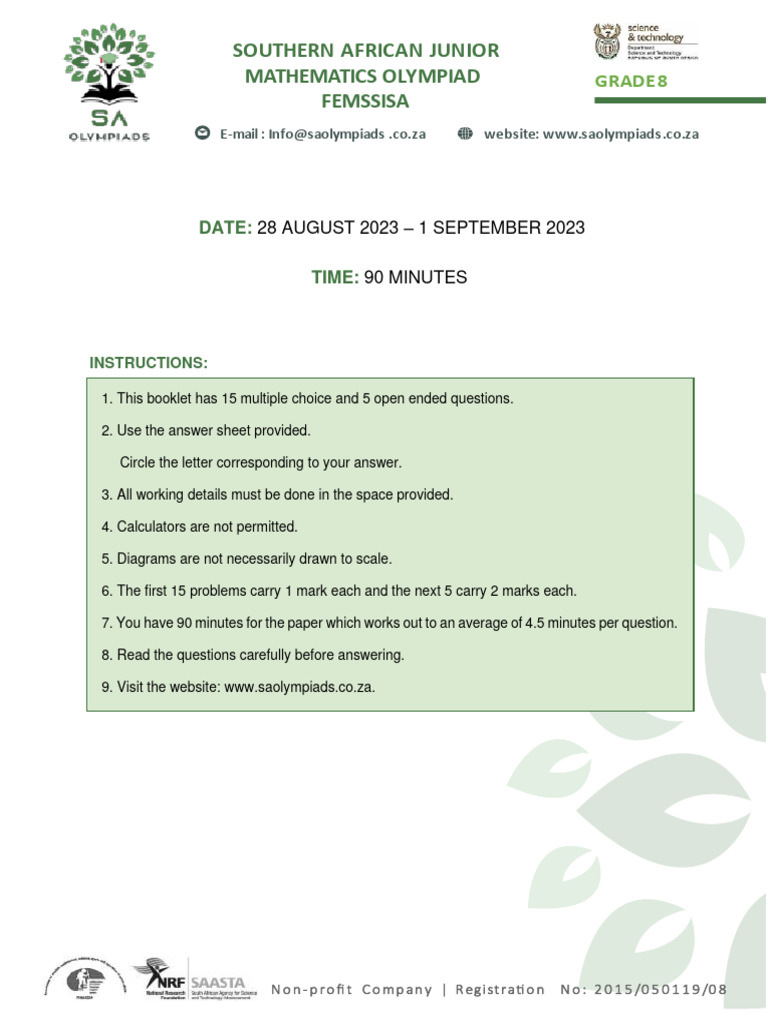 FEMSSISA Grade 8 Mathematics Olympiads 2023 | PDF | Multiple Choice ...