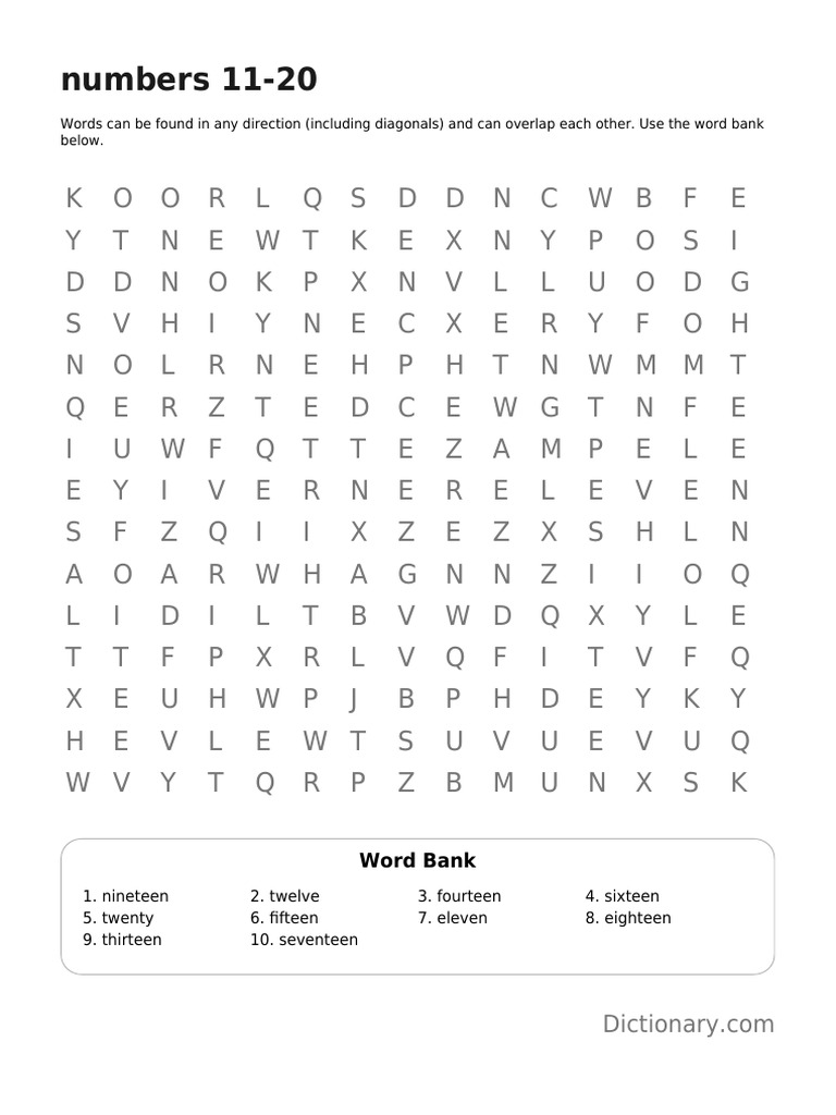 Numbers 11-20 Word Search Activity | PDF