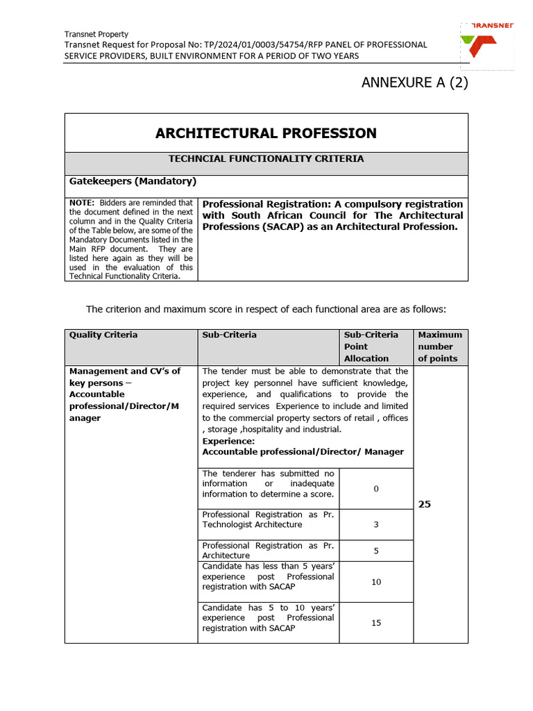 Annexure A (2) Architectural Profession Technical Funcitonality Criteria | PDF | Request For ...