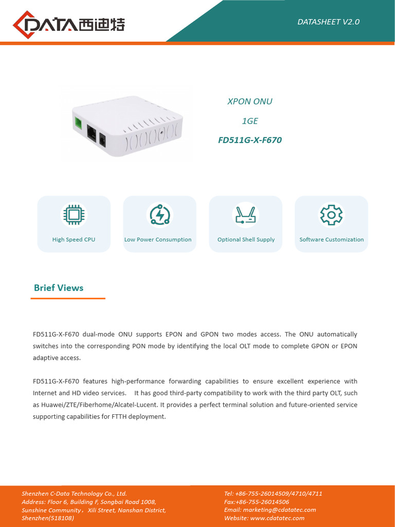 FD511G-X-F670 Dual-Mode ONU Datasheet | PDF | Internet Protocols ...