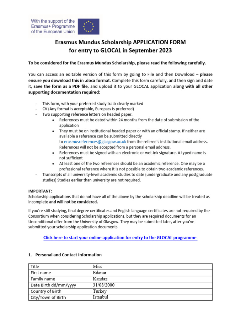 Erasmus Mundus Scholarship APPLICATION FORM | PDF | Sustainability | Brand