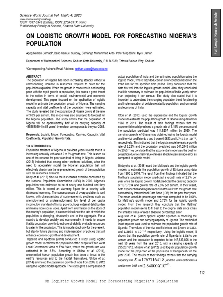 On Logistic Growth Model For Forecasting Nigeria's Population | PDF | Logistic Function ...