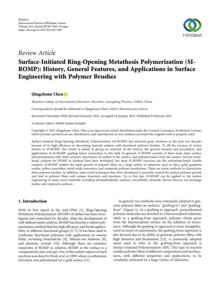 Surface Initiated Ring Opening Metathesis Polymerization Si - Romp ...