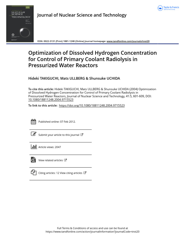 Optimization of Dissolved Hydrogen Concentration For Control of Primary Coolant Radiolysis in ...
