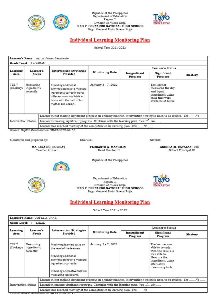 2. Individual-Learning-Monitoring-Plan_ | PDF | Learning | Cognitive ...