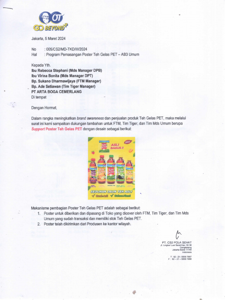SURAT 005-CS2-MD-TKD-III-2024 Program Pemasangan Poster Teh Gelas PET ...