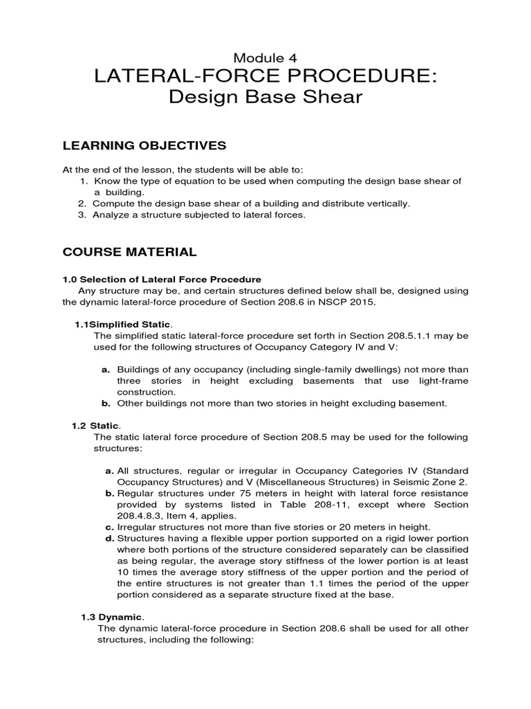 Module 4 Lateral Force Procedure Design Base Shear Pdf Force Shear Stress