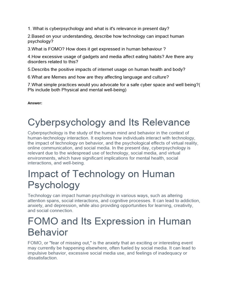 Cyberpsychology: Impact and Relevance | PDF | Mental Health | Psychology