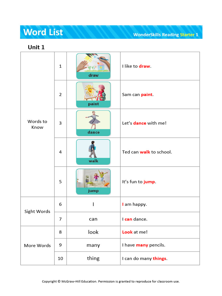 WonderSkills Word List Starter 1 Unit 1 Sample | PDF