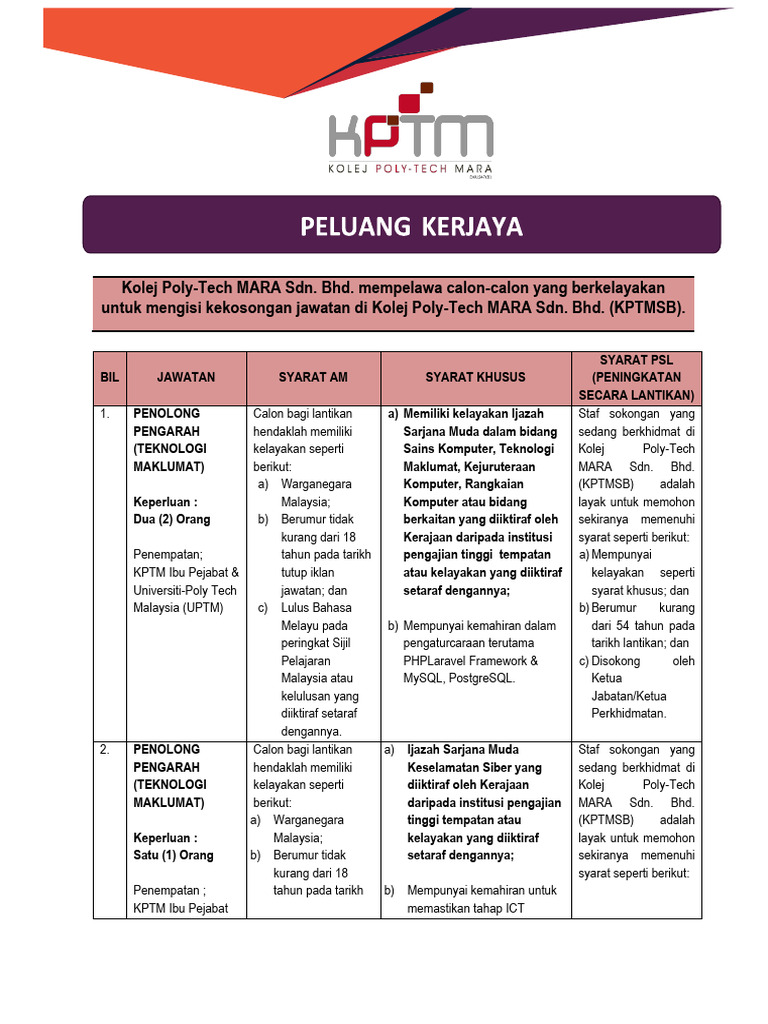 Senarai Peluang Kerjaya Di Kolej Poly-Tech Mara SDN BHD 2024 | PDF