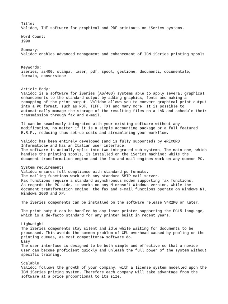 Validoc THE Software For Graphical and PDF Printouts On Iseries Systems ...