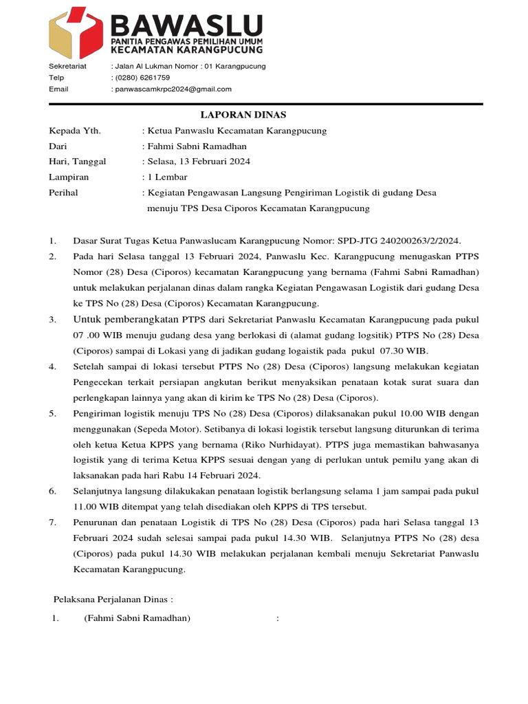 SPPD PTPS - Pengawasan Logistik PPS Ke PTS - 13 Feb 2024-1 | PDF