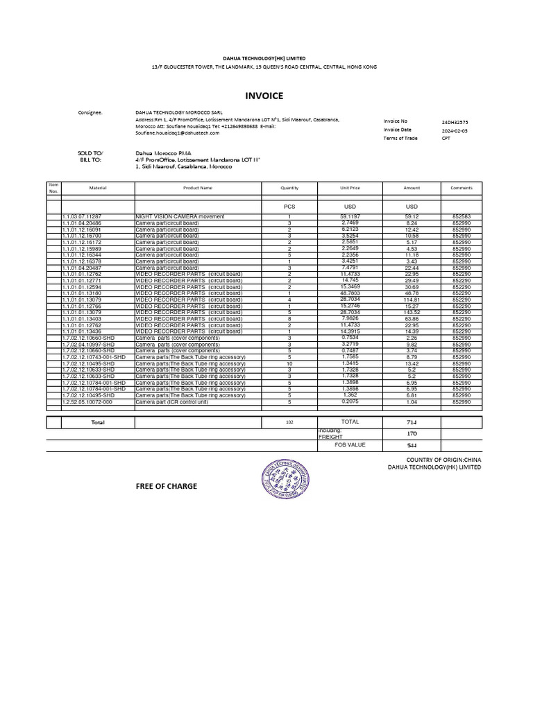 Invoice for Camera Parts and Accessories | PDF | Electronics