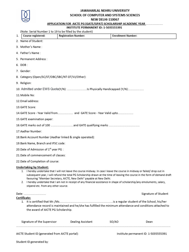 AICTE PG Scholarship Application Form | PDF