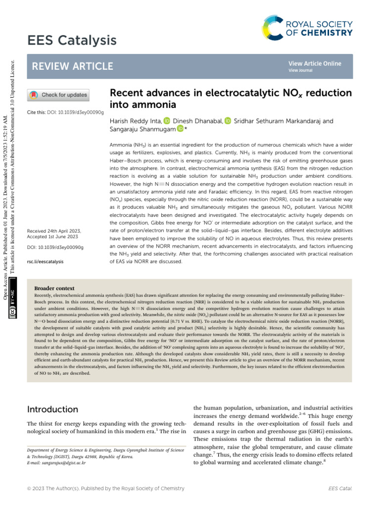 Recent Advances in Electrocatalytic NOx Reduction | PDF | Ammonia ...