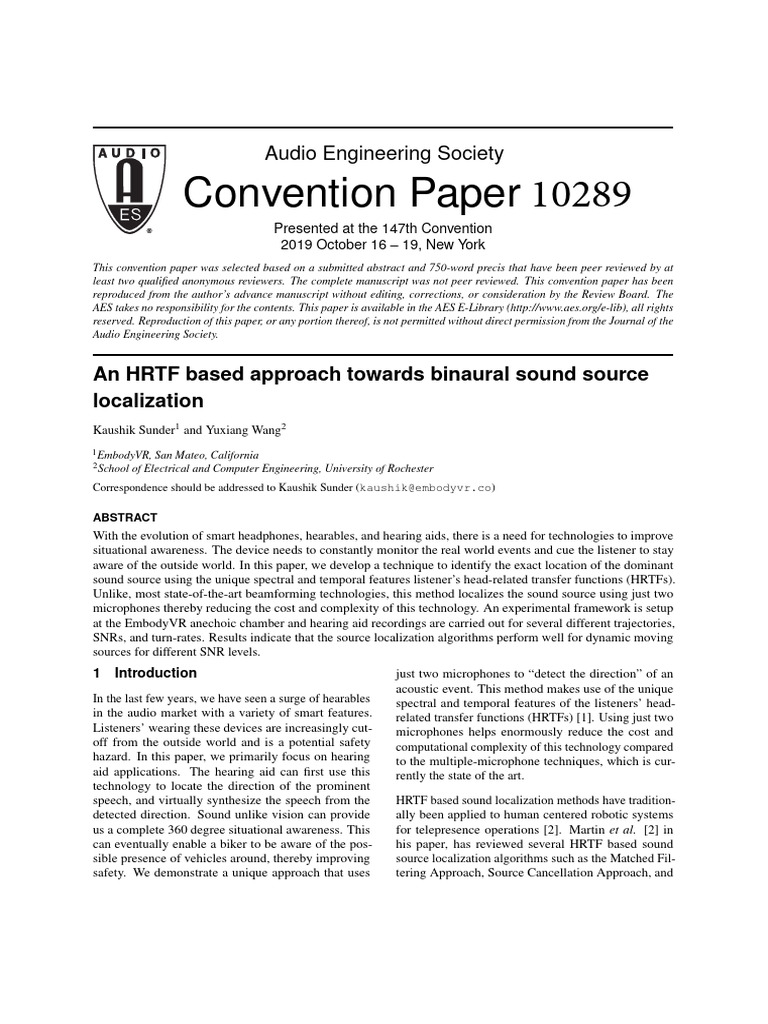 An HRTF Based Approach Towards Binaural Sound Source Localization | PDF ...