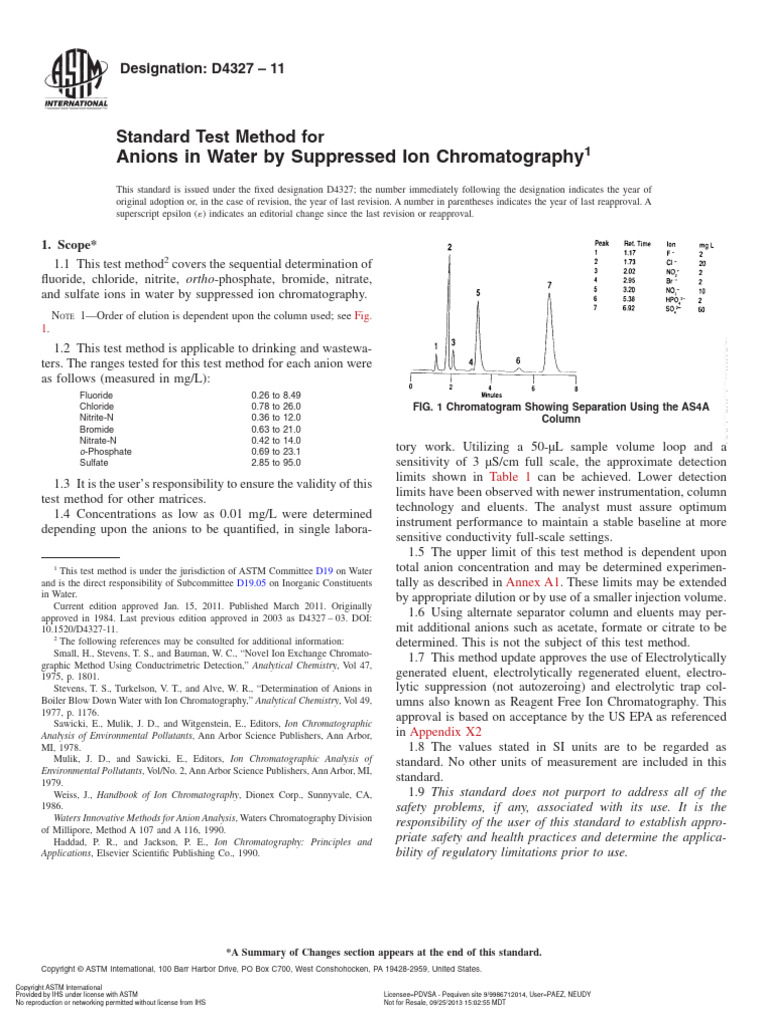 Astm 4327 | PDF | Chromatography | Sodium Hydroxide