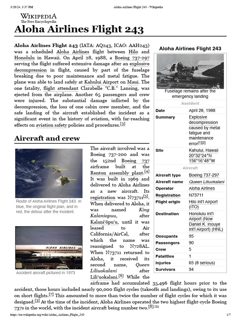 Aloha Airlines Flight 243 - Wikipedia | PDF | Aviation | Aviation Safety