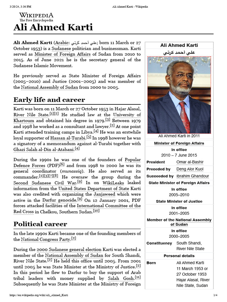 Ali Ahmed Karti - Wikipedia | PDF | Sudan | Omar Al Bashir