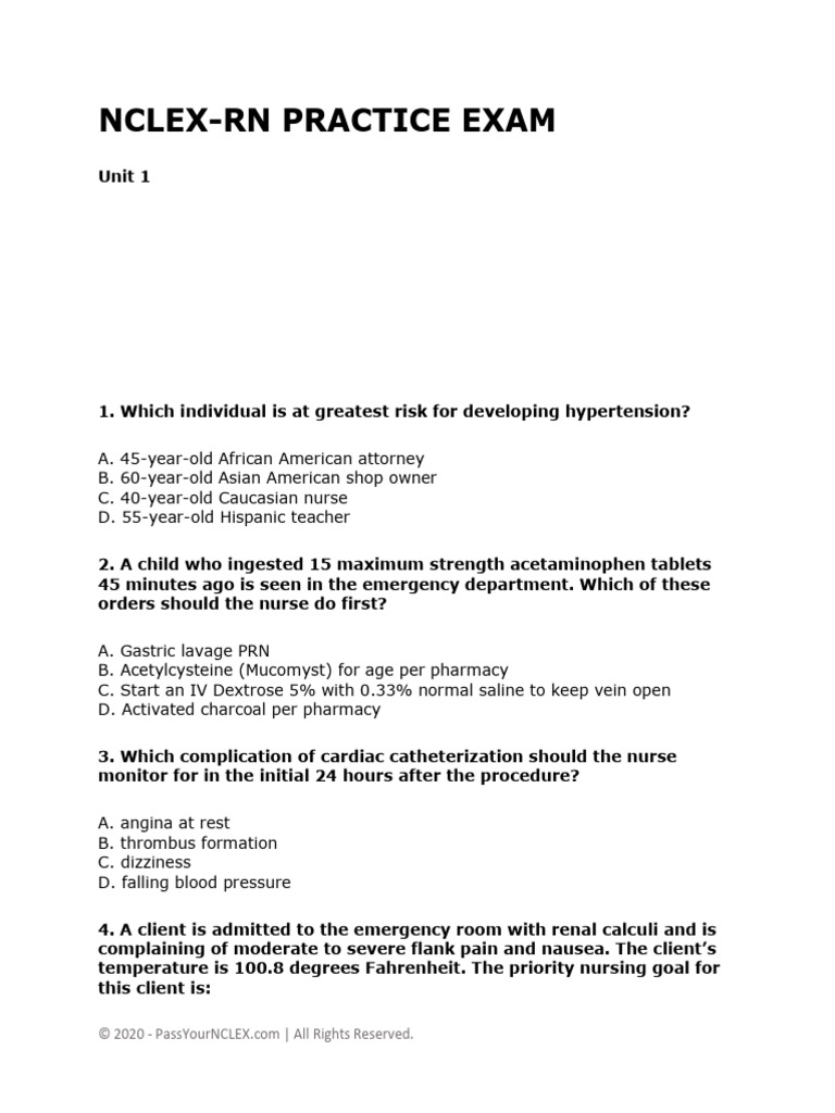 Nclex-Rn Practice Exam Unit 1 | PDF | Cardiopulmonary Resuscitation | Blood Pressure