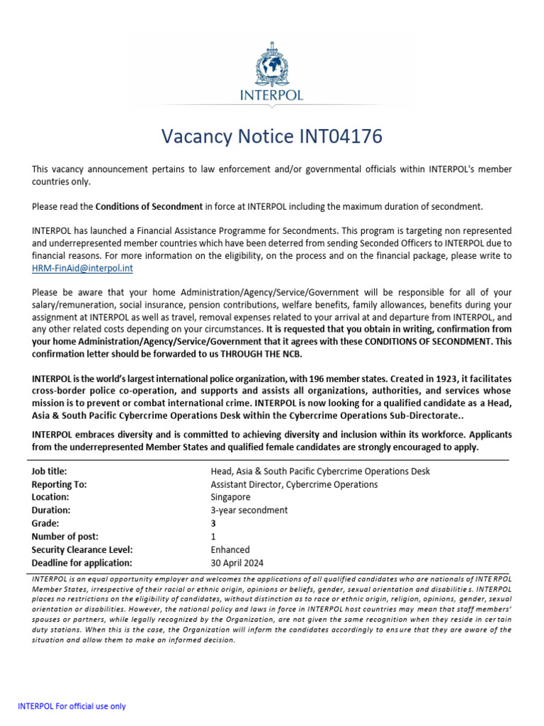 INTERPOL Cybercrime Desk Vacancy Notice | PDF | Experience | Welfare