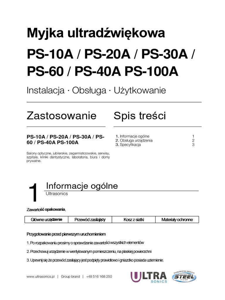 Instrukcja Obslugi Myjka Ultradzwiekowa PS 10A PS 20A PS 30A PS 40A PS 100A PS 60 NE 1 | PDF