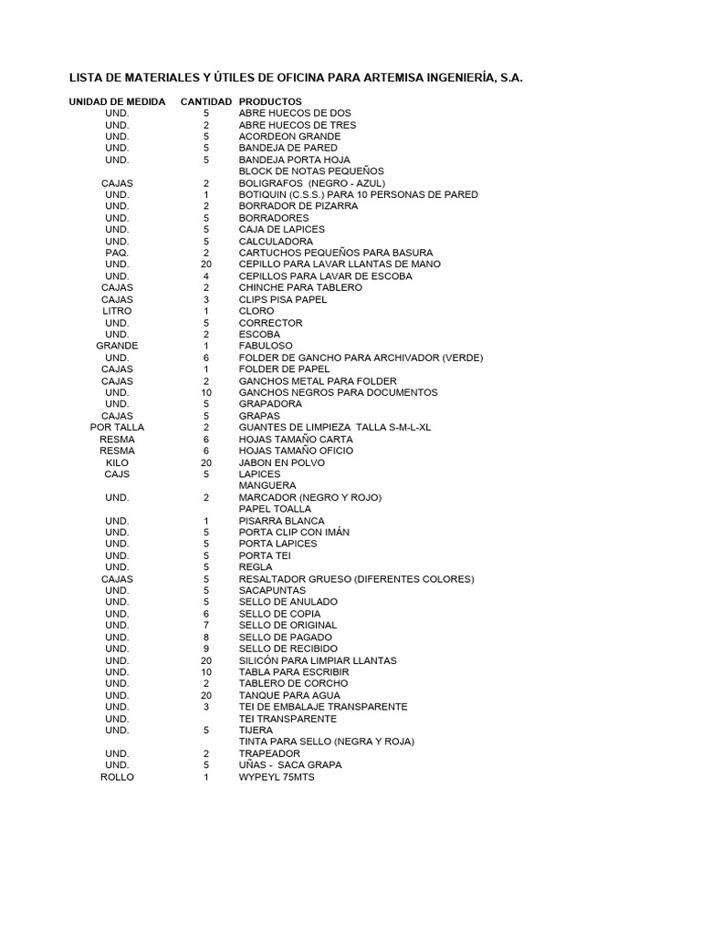Lista de Materiales y Útiles de Oficina Para Artemisa Ingeniería, s.a ...