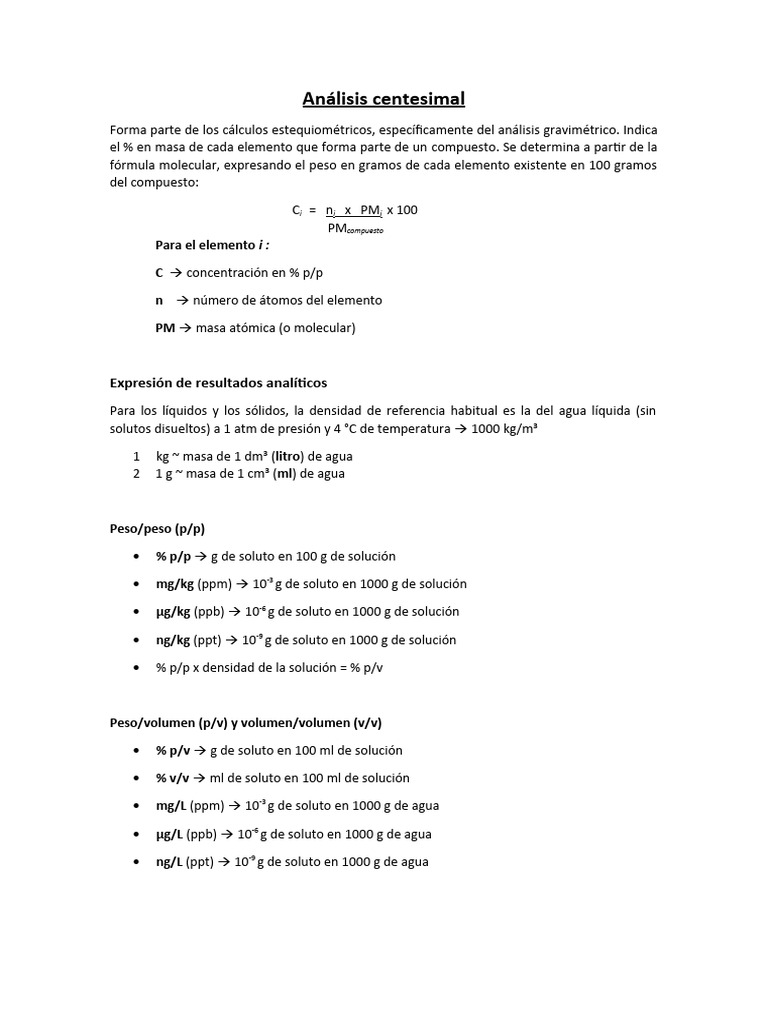Ejercicios cálculo análisis centesimal | PDF | Concentración ...