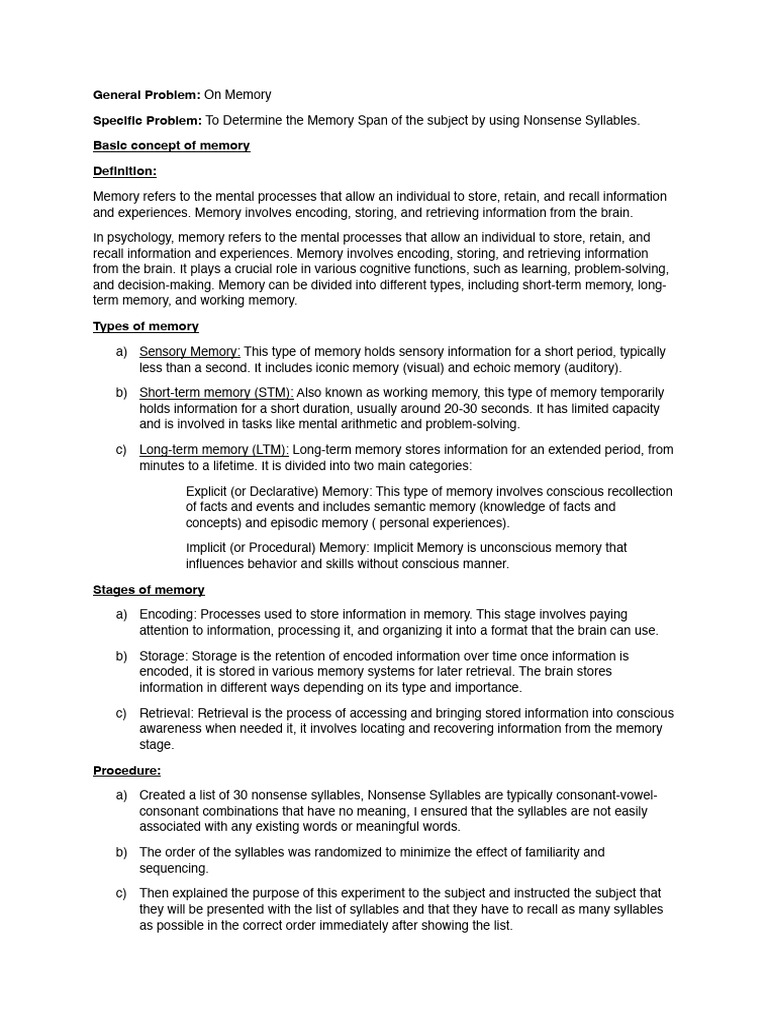 Memory Span Assessment with Nonsense Syllables | PDF | Memory | Long ...