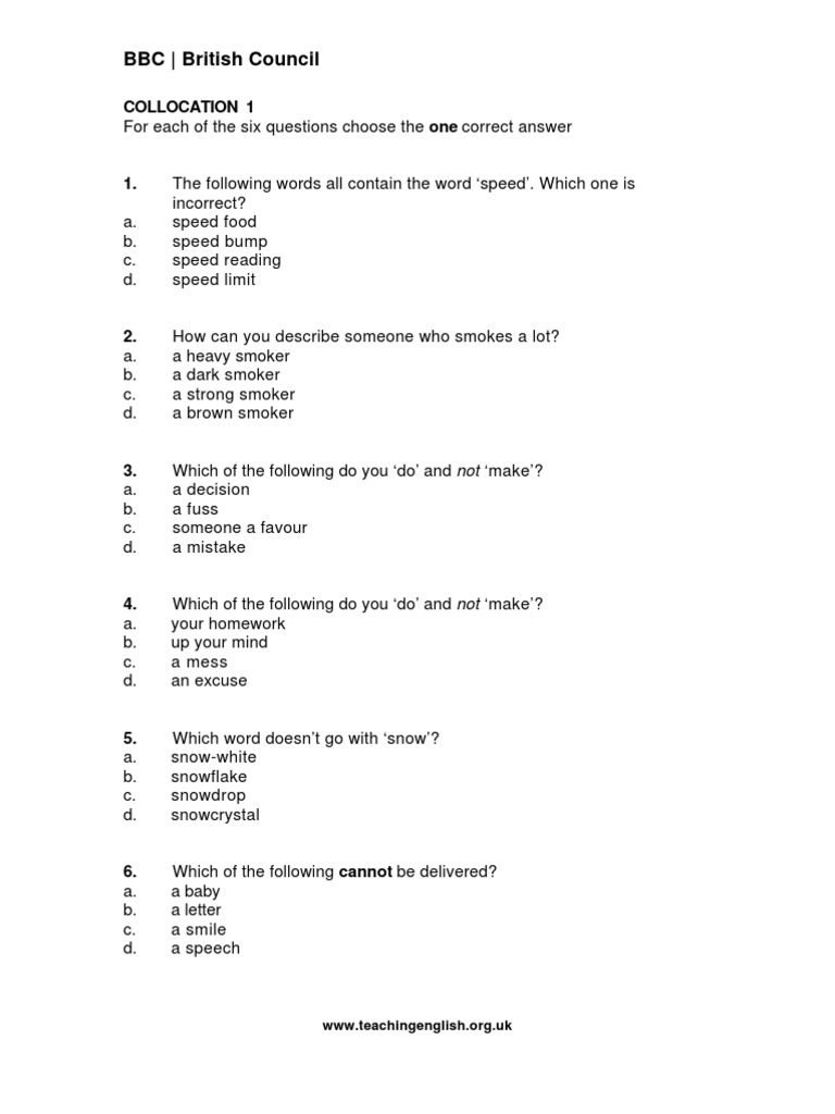 Collocation Quiz with Answers | PDF | Career & Growth