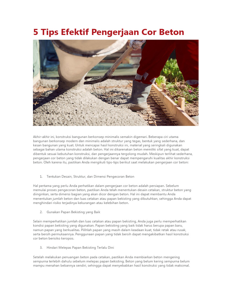 5 Tips Pengerjaan Cor Beton Efektif | PDF | Seni | Teknologi & Rekayasa
