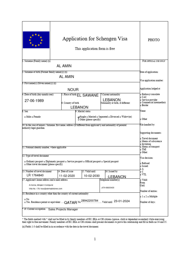 Schengen Visa Application Form Filled | PDF | Travel Visa | Government ...