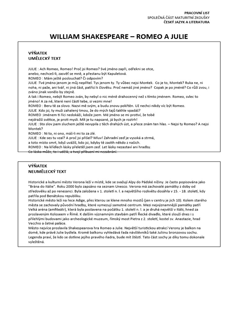 Romeo A Julie - PRACOVNI LIST | PDF