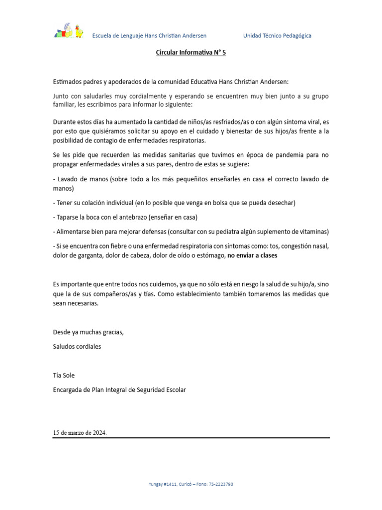 Circular N° 5 Escuela Hans Christian Andersen | PDF