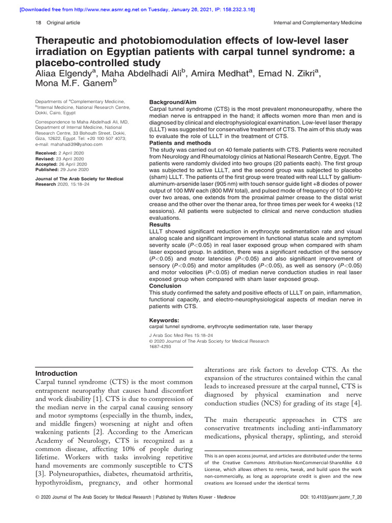 J Arab Soc Med Res 2020 15 1 18 24 Eng | PDF | Carpal Tunnel Syndrome | Clinical Medicine