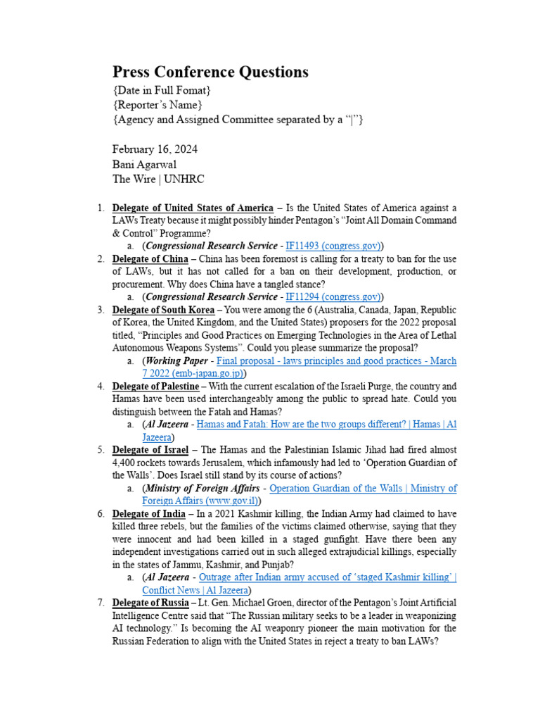 Press Conference Questions (Sample) | PDF | Hamas | Israeli–Palestinian ...