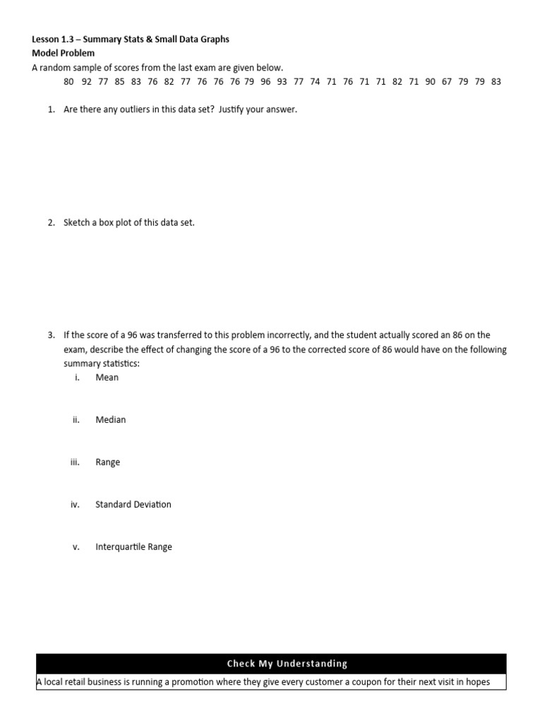 Lesson 1 3 Summary Stats And Small Data Graphs Pdf Skewness Descriptive Statistics