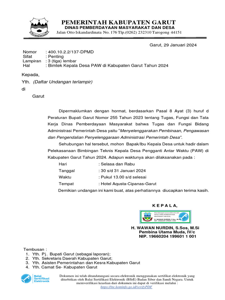 Surat DPMD Bintek Paw 2024 - Sign | PDF